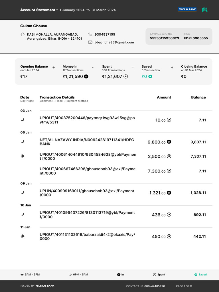 Federal Bank - Savings Account Statement 01 Jan 2024 - 31 Mar 2024 - Unlocked | PDF | Payments ...