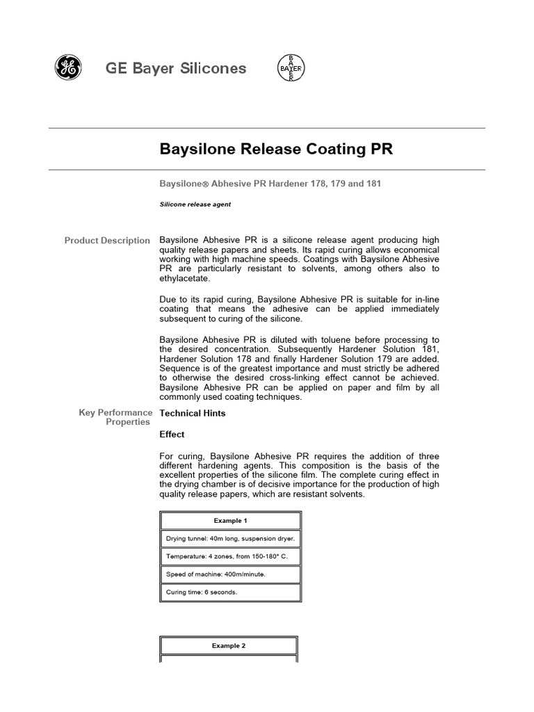 Baysilone Abhesive PR Release Coating | PDF | Adhesive | Silicone