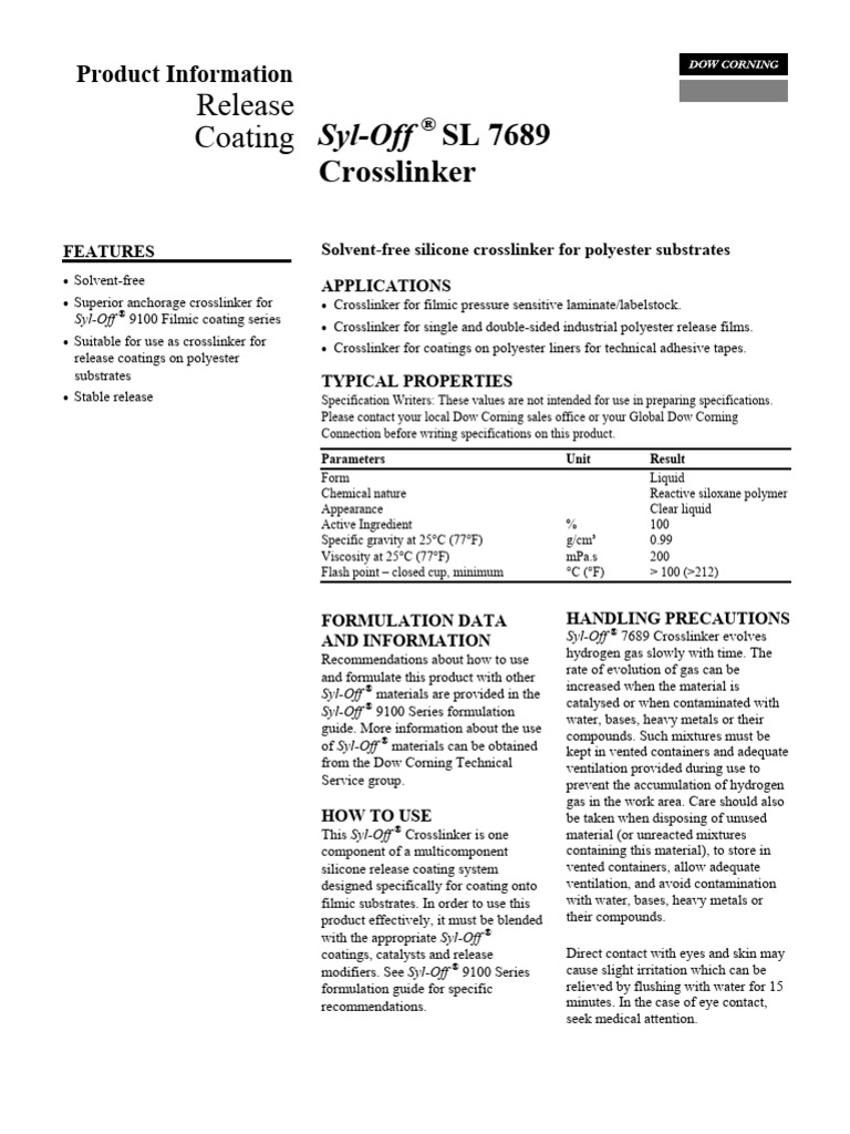 Syl-Off SL 7689 Crosslinker Overview | PDF | Silicone | Polyester