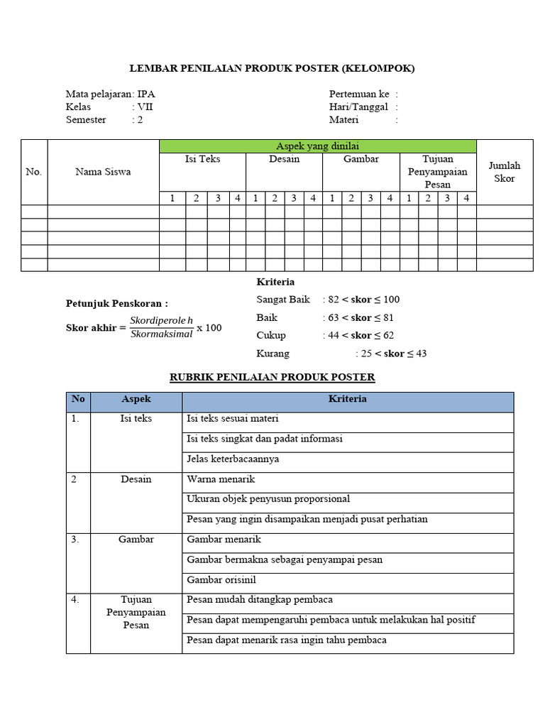Penilaian Poster IPA Kelas VII | PDF