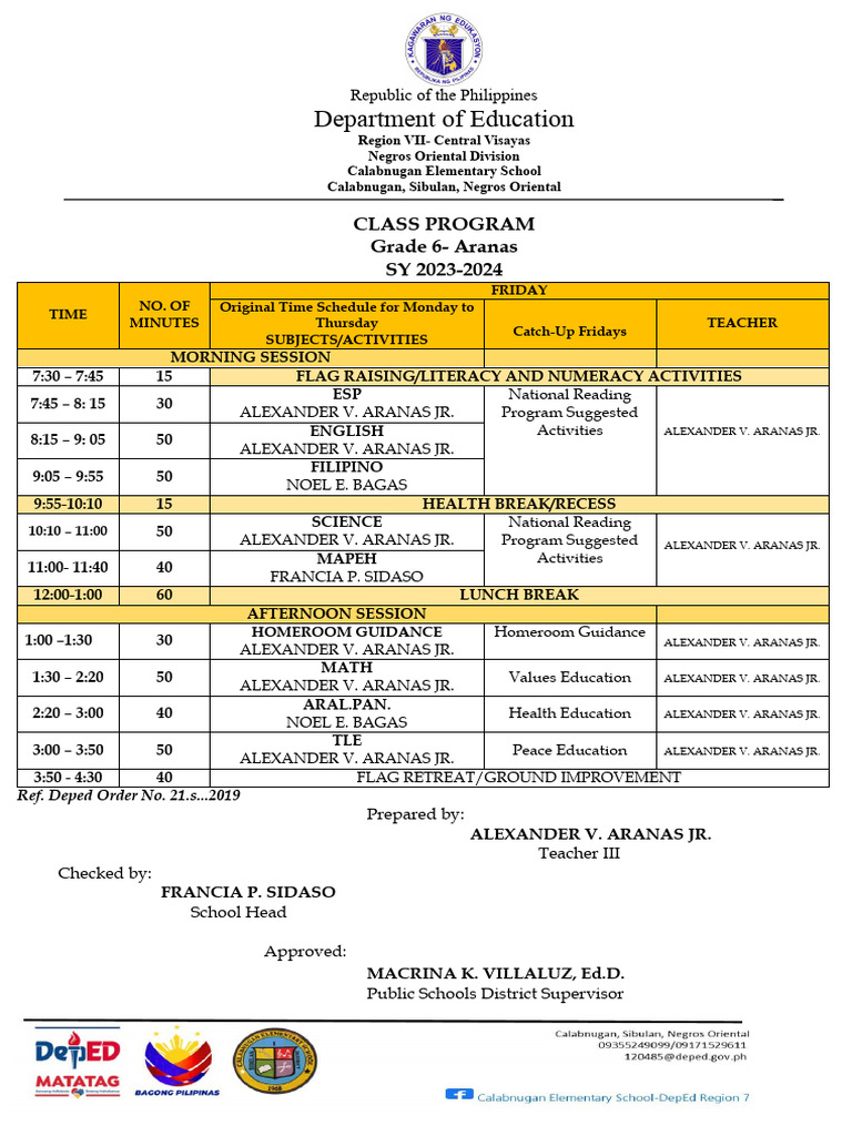 Class Program Dear List of Pupils & Reflection Aranas | PDF | Literacy ...