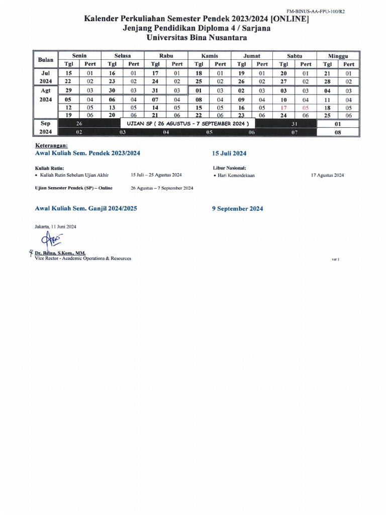 Kalender Perkuliahan S1 Semester Pendek 2023-2024 | PDF