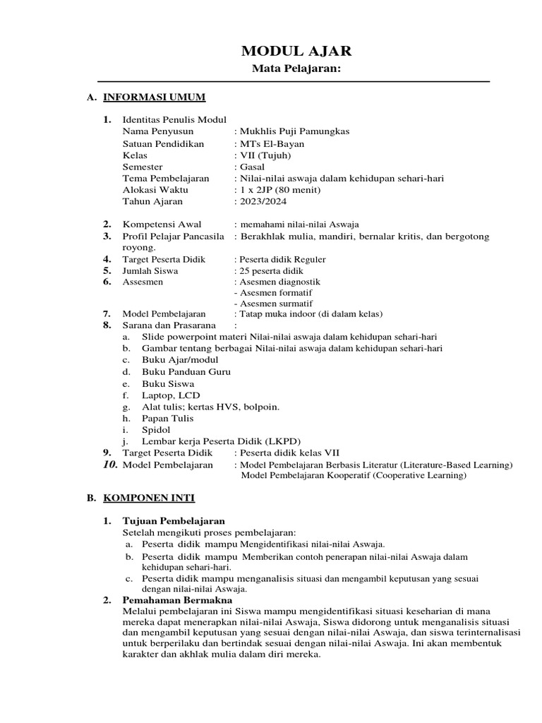 Modul Ajar Aswaja Kelas 7 | PDF