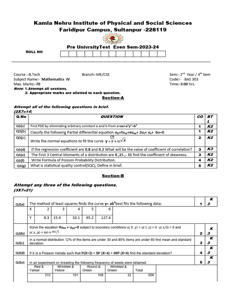 QP Math Put 2023-24 1 | PDF | Partial Differential Equation | Mean