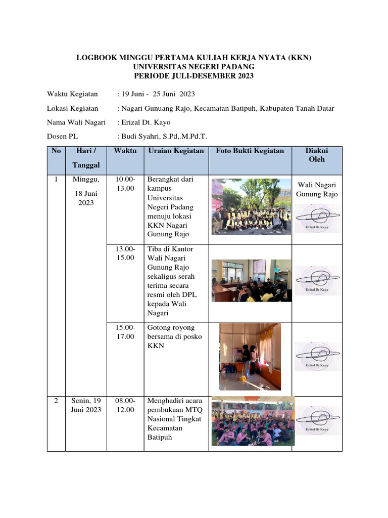 Logbook KKN Universitas Negeri Padang | PDF