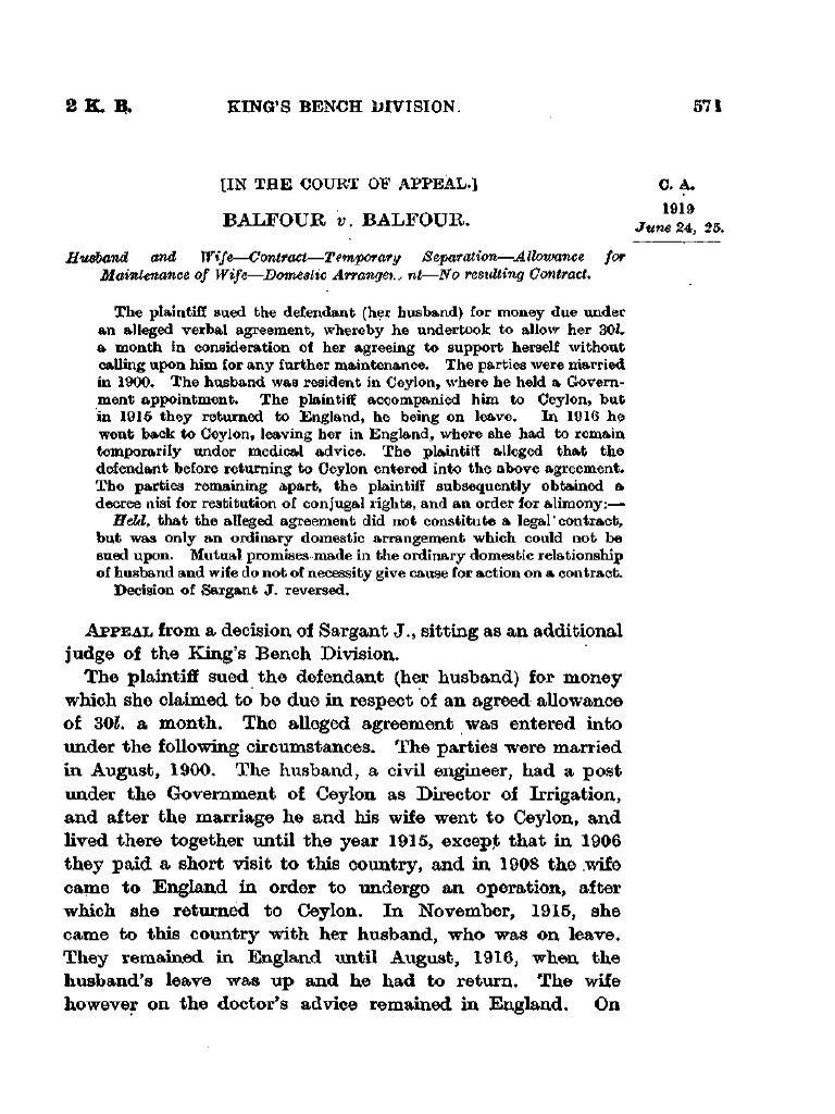 Balfour V Balfour 2 K.B. 571 | PDF | Consideration | Lawsuit