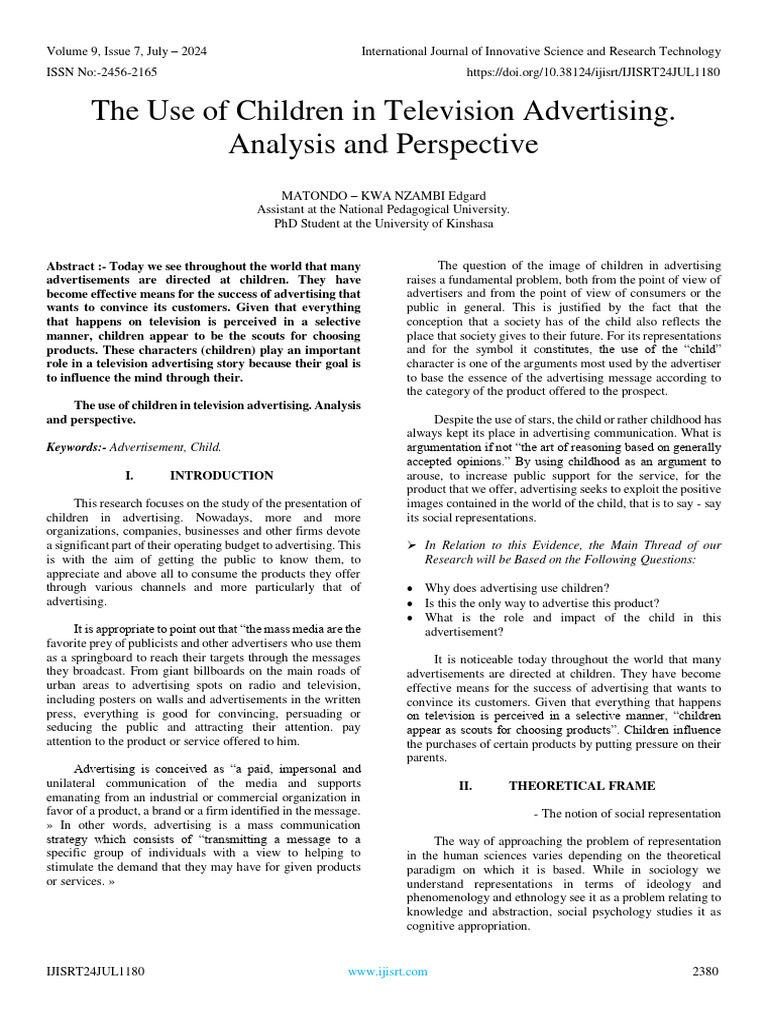 The Use of Children in Television Advertising. Analysis and Perspective ...