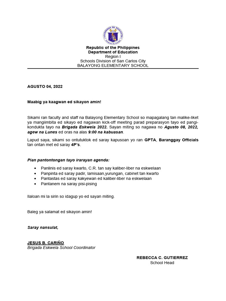 Communication Letter For Brigada Eskwela 2022 | PDF