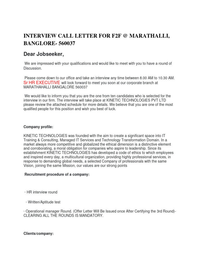 Kinetic Technologies Interview Call Letter | PDF | Business
