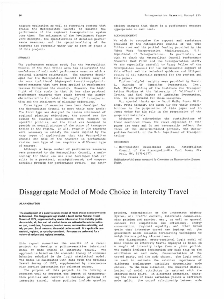 Disaggregate Model of Mode Choice in Intercity Travel. | PDF