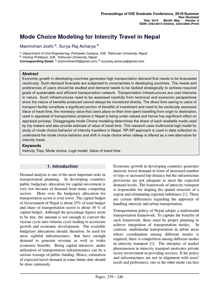 Mode Choice Modeling For Intercity Travel in Nepal | PDF | Logistic ...