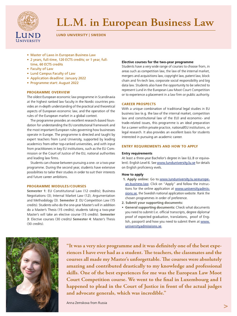 LL.M in European Business Law Fact Sheet 2022 2023 | PDF | Academic ...