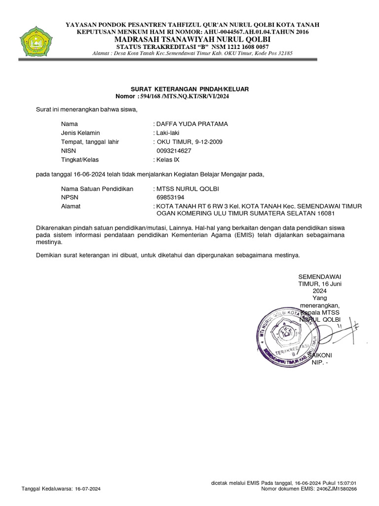 Mutasi Keluar - Surat Keterangan - DAFFA YUDA PRATAMA | PDF