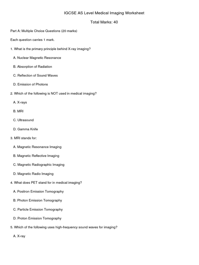 Medical Imaging Worksheet | PDF | Medical Imaging | Magnetic Resonance ...