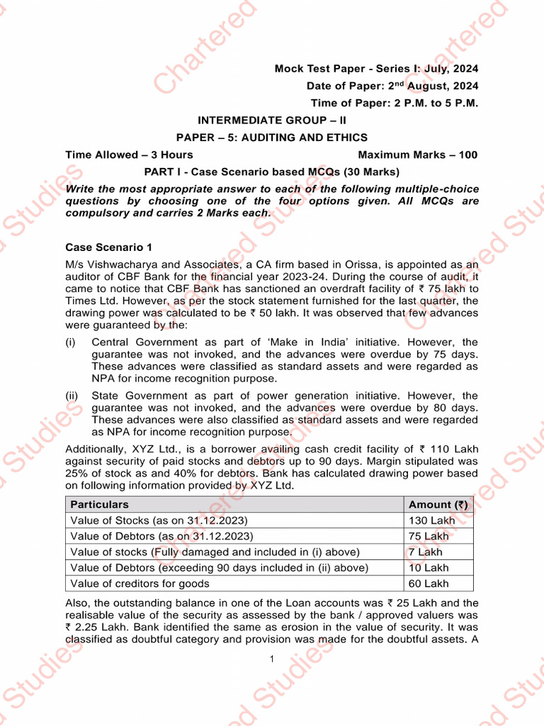 CA Intermediate Paper - 5 Auditing and Ethics MTP Series 1 Question | PDF