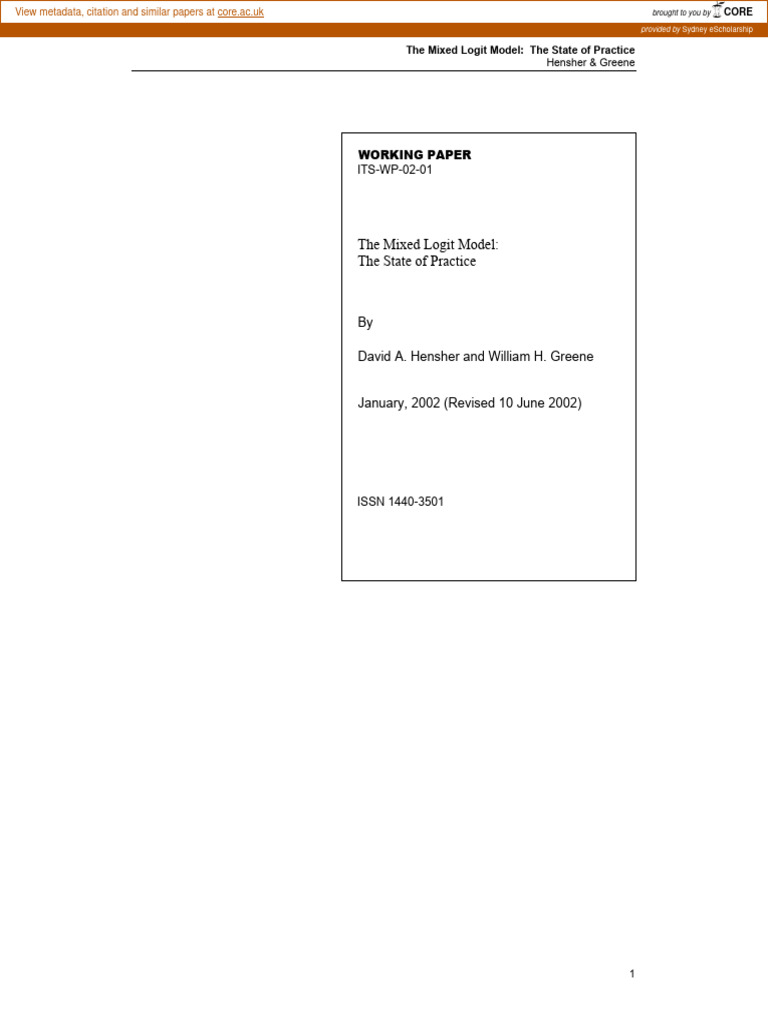 Hensher The Mixed Logit Model The State of Practice. Transportation ...