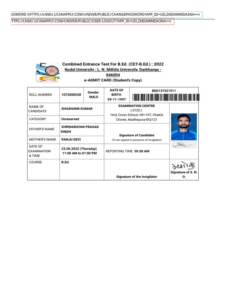 B. Ed Admit Card | PDF