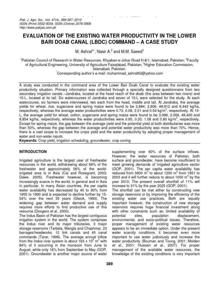 Evaluation of The Existing Water Productivity in The Lower Bari Doab Canal LBDC Command A Case ...