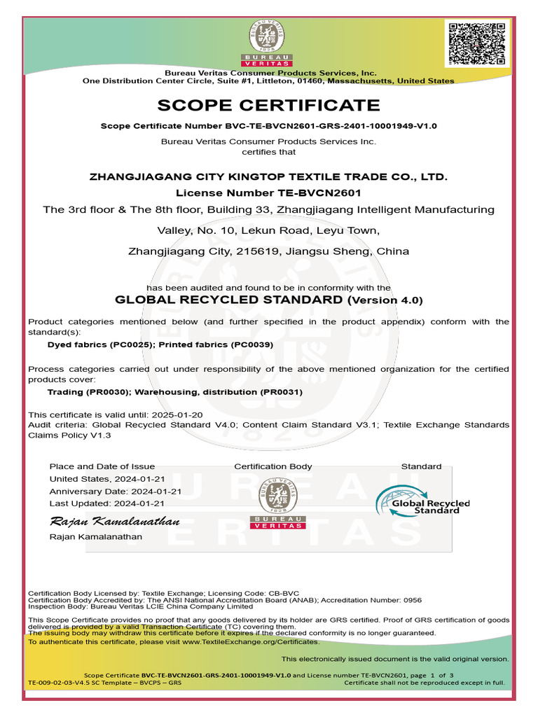 ScopeCertificta - GRS4.0 - ZHANGJIAGANG CITY KINGTOP TEXTILE TRADE CO - LTD. - 21-01-2024 ...