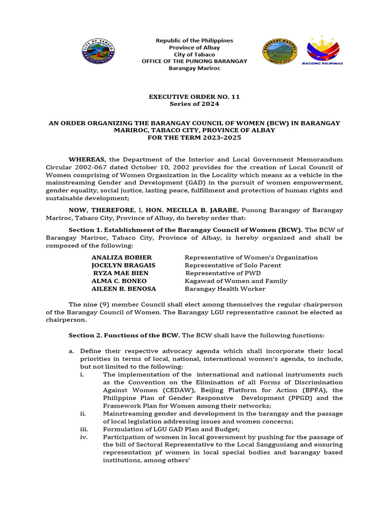 Barangay Council of Women Formation in Mariroc | PDF | Gender And ...