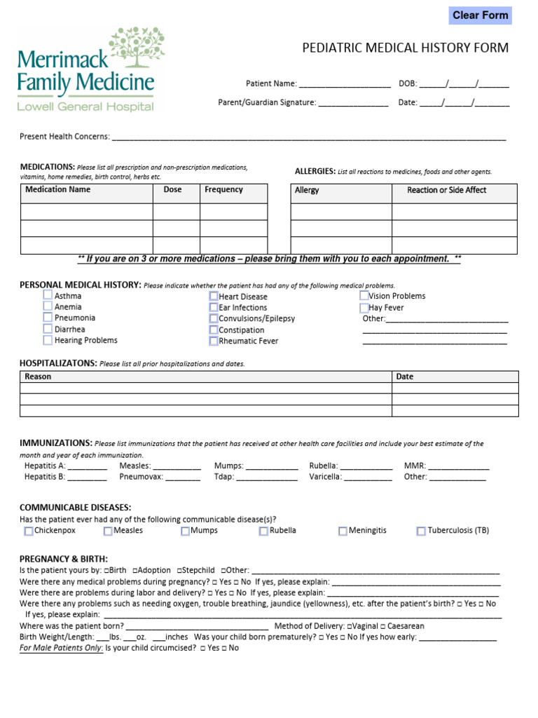 Pediatric Medical History Form | PDF | Public Health | Causes Of Death