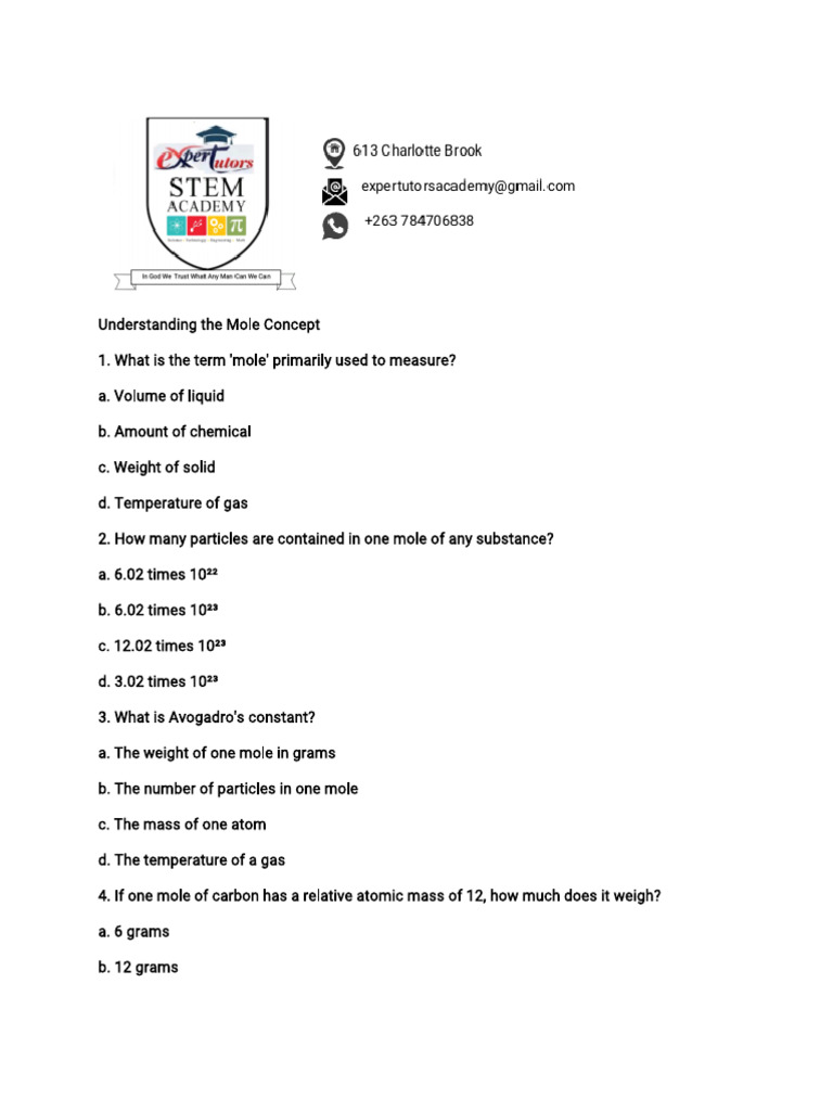 The Mole Concept Worksheet | PDF | Mole (Unit) | Gases