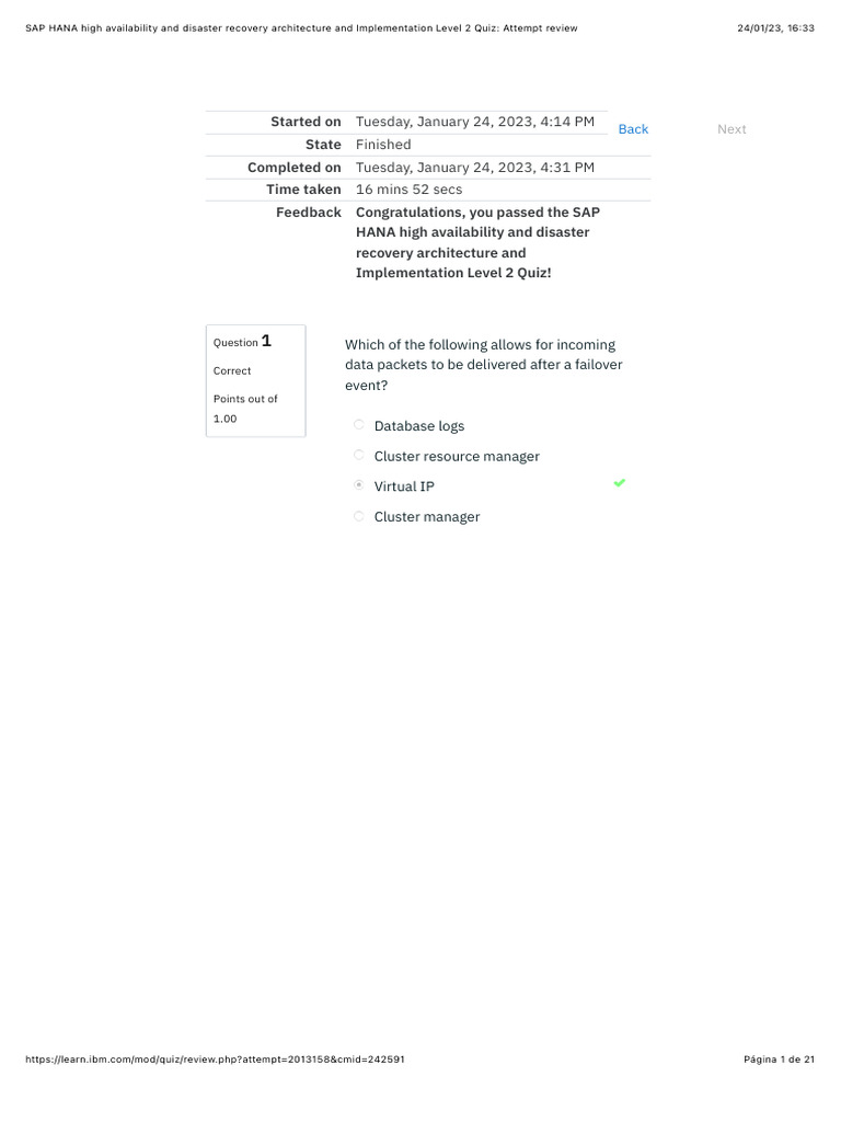 SAP HANA High Availability and Disaster Recovery Architecture and Implementation Level 2 Quiz ...