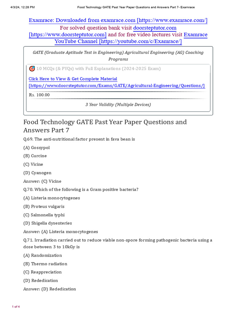 GATE Food Technology Past Paper Part 7 | PDF