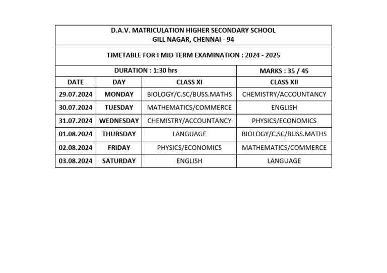 MGNR - Class Xi & Xii - I Mid Term Timetable-24-25 | PDF