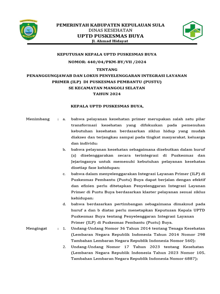 SK Kapusk Tentang Penyelenggaraan Ilp Di Pustu - Compress | PDF