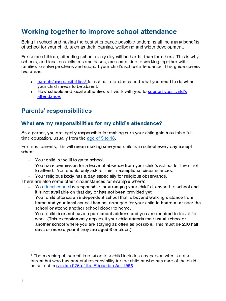 DFE Guide For Parents On School Attendance | PDF | Self-Improvement ...