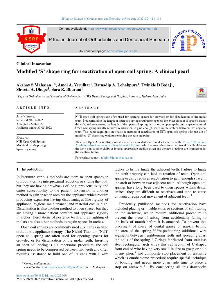 Modified S' Shape Ring For Reactivation of Open Coil Spring: A Clinical ...