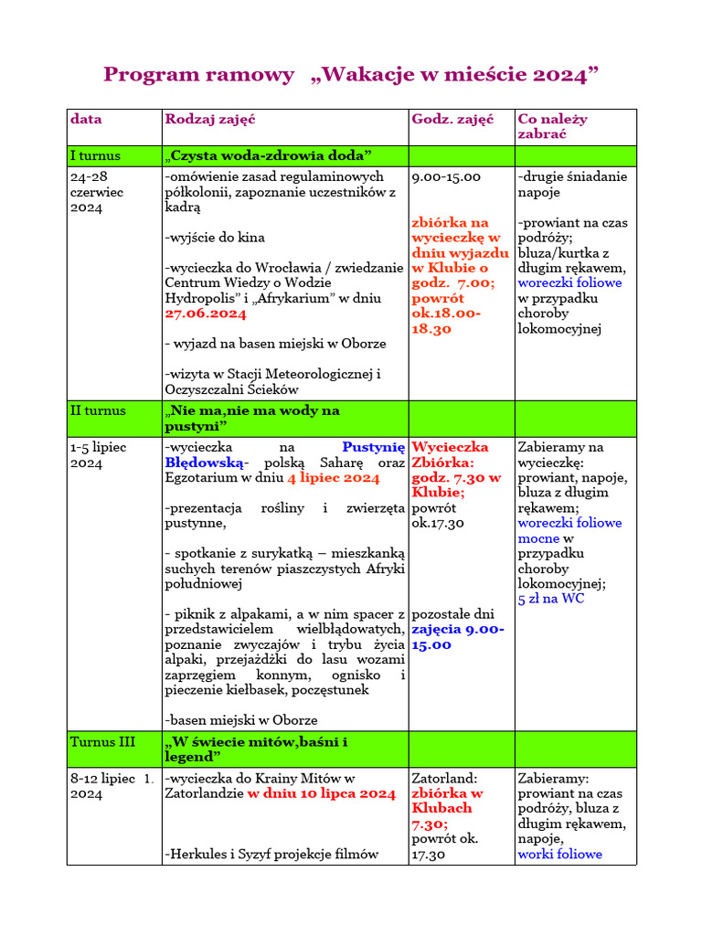 Program Ramowy Wakacje W Miescie 2024 | PDF