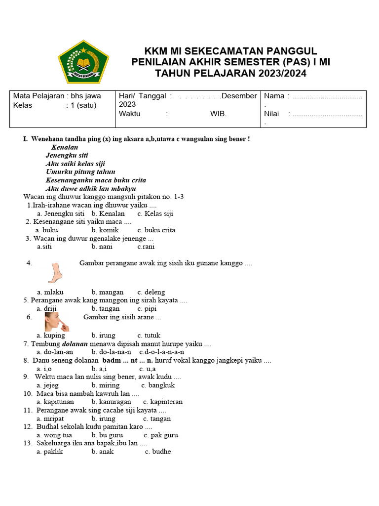 Soal Pas Bhs Jawa Kelas 1 | PDF