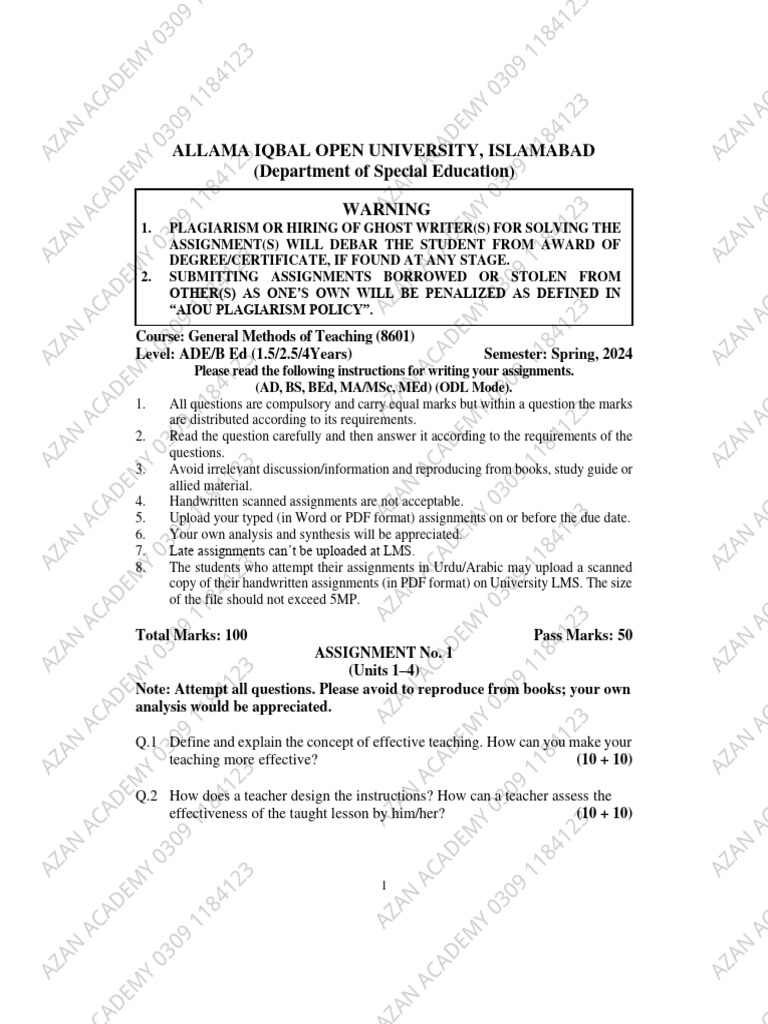 B Ed 1st Sem Assignment Qp Spring 2024 Azan Academy 03091184123 Pdf Teachers Learning