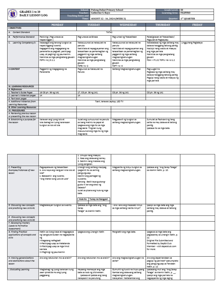 DLL Filipino 3 q1 w3 | PDF