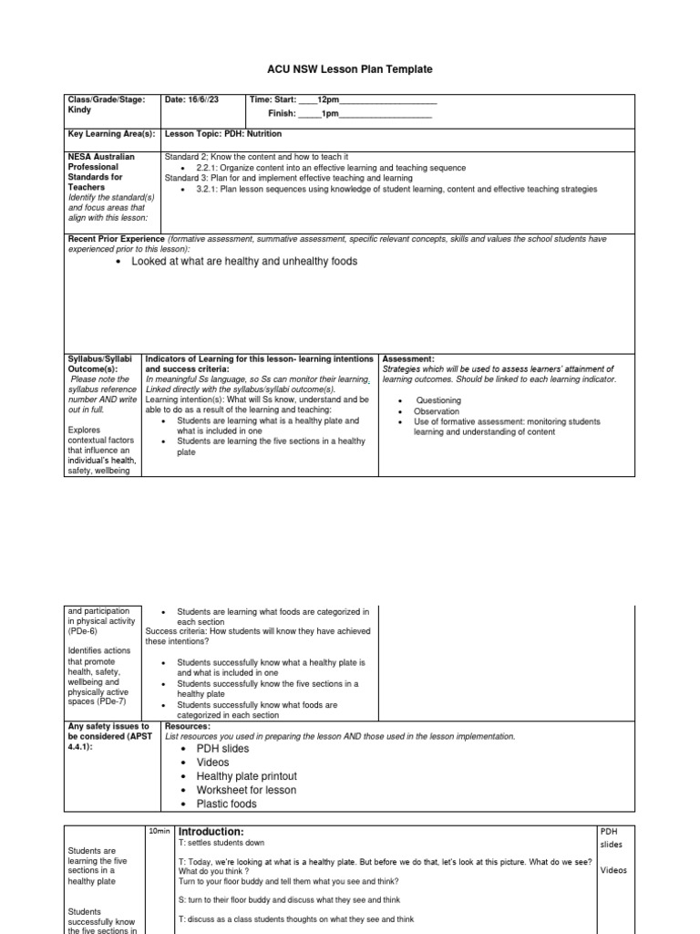 Healthy Plate Lesson Plan | PDF | Educational Assessment | Learning