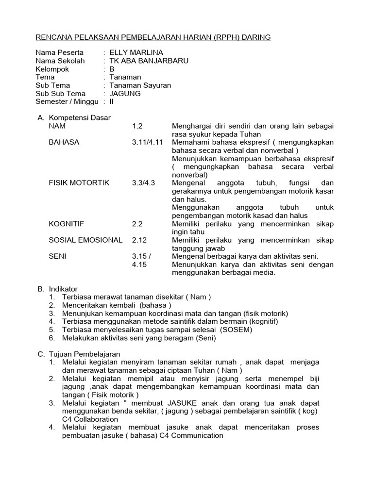 RPPH Tema Tanaman: Jagung untuk TK | PDF