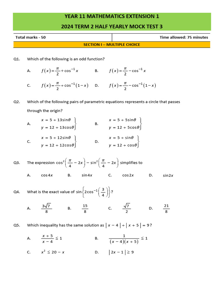 Term 2 Mock Test 3 Pdf Equations Function Mathematics