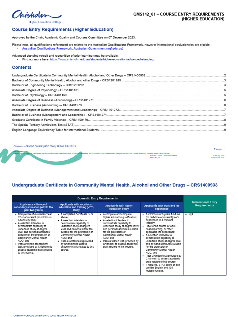QMS142_01 Course Entry Requirements (Higher Education) 2 | PDF ...