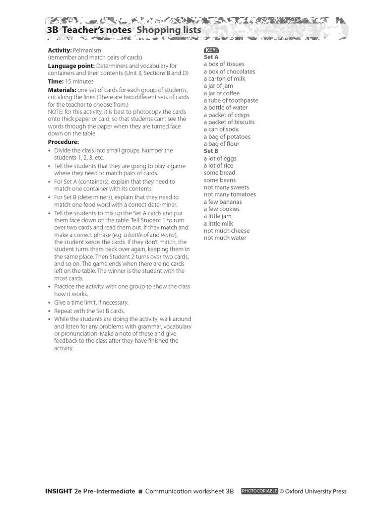 Insight2e Preint Comm Worksheet 3B Ak | PDF | Foods | Linguistics