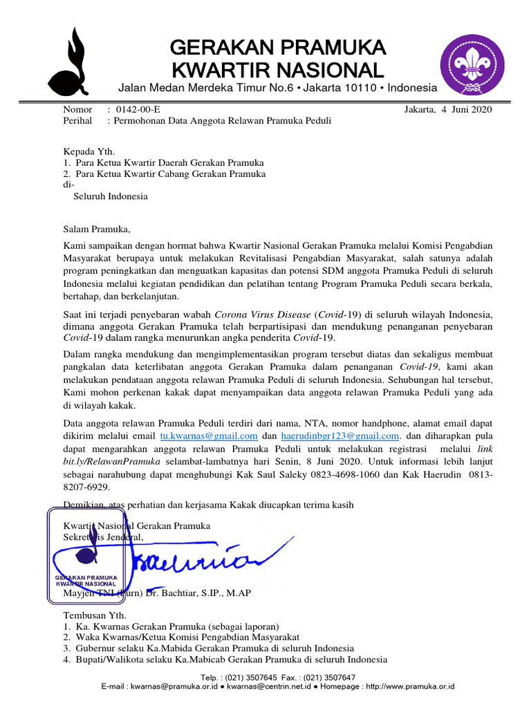 Surat Ke Kwarda, Kwarcab Perihal Data Anggota Relawan, 4 Juni 2020 | PDF