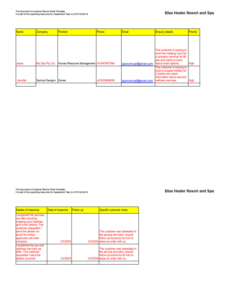SITXCCS015 Customer Record Sheet Template | PDF