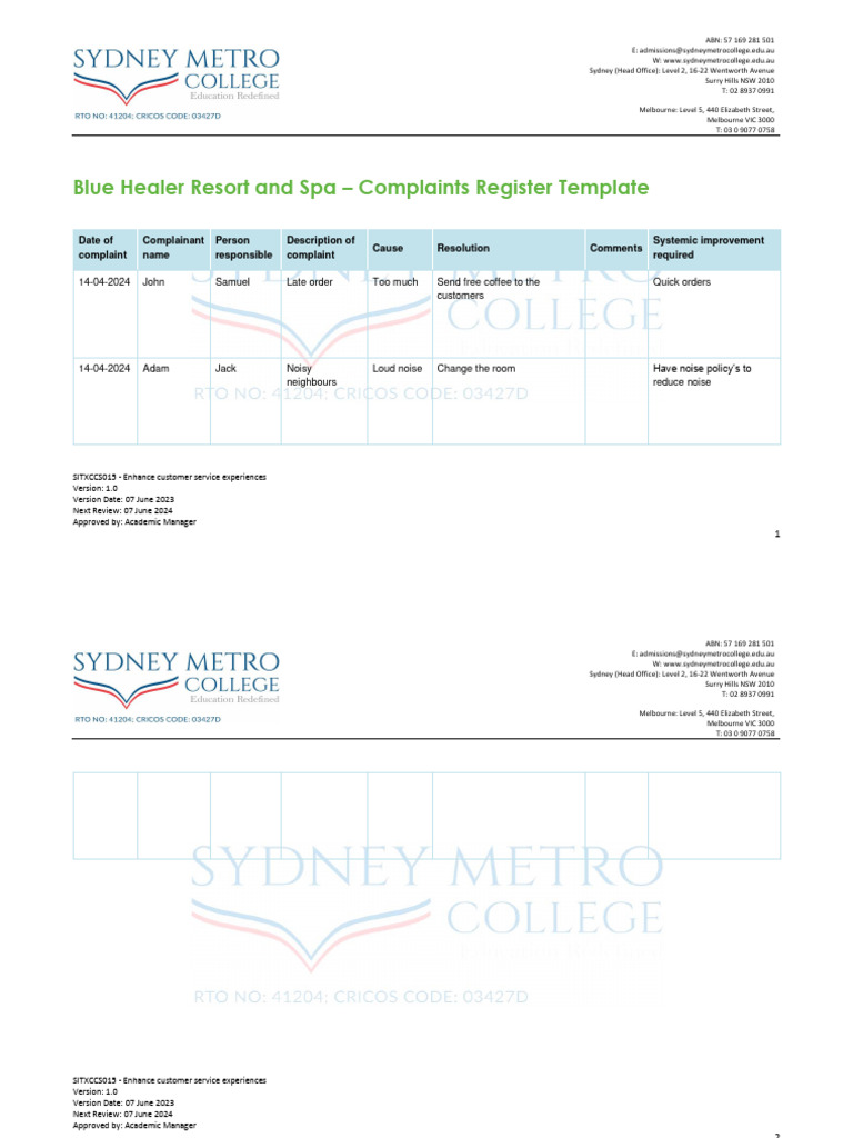 SITXCCS015 Complaints Register Template | PDF