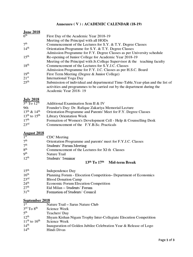Academc Calender 2018-19 | PDF | Educational Organizations | Academia