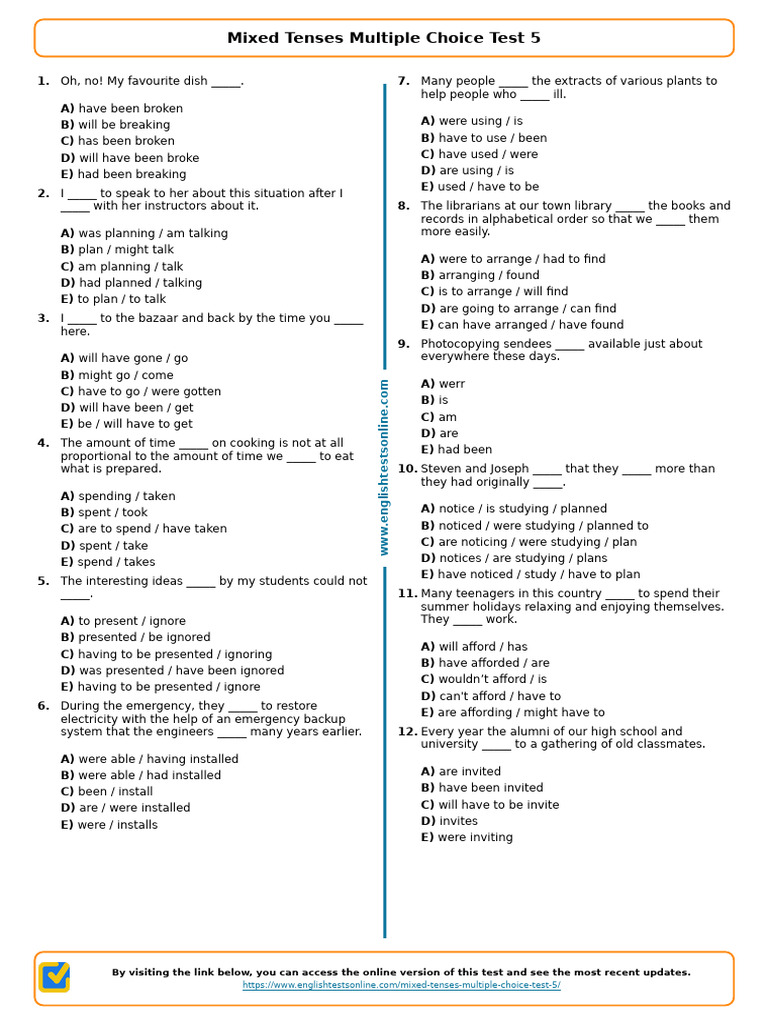 1838 Mixed Tenses Multiple Choice Test 5 | PDF