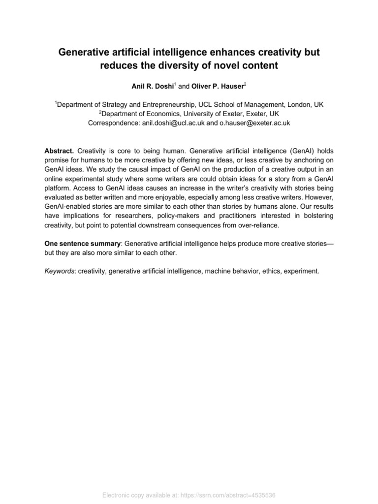 Generative artificial intelligence enhances creativity but reduces the diversity of novel ...