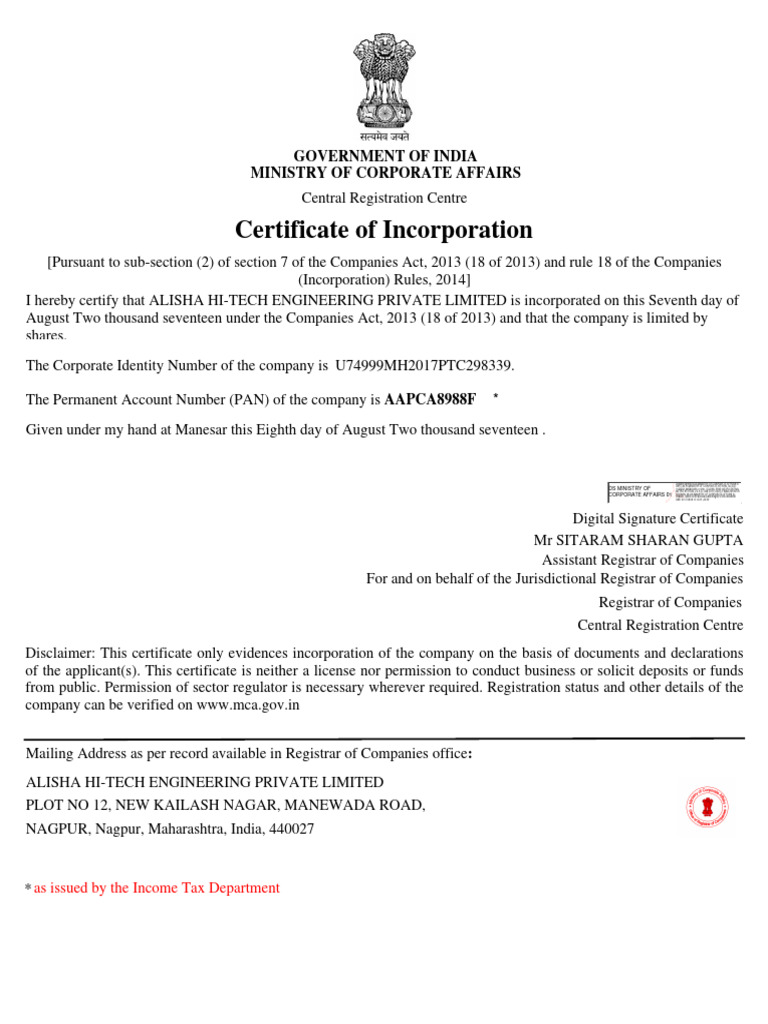 Certificate of Incorporation for ALISHA HI-TECH | PDF | Business | Taxes