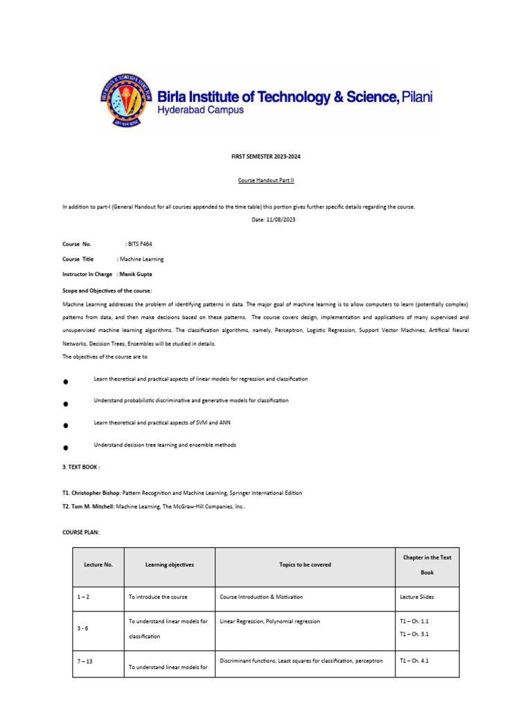 Bits f464 Machine Learning - Handout | PDF | Machine Learning | Statistical Classification