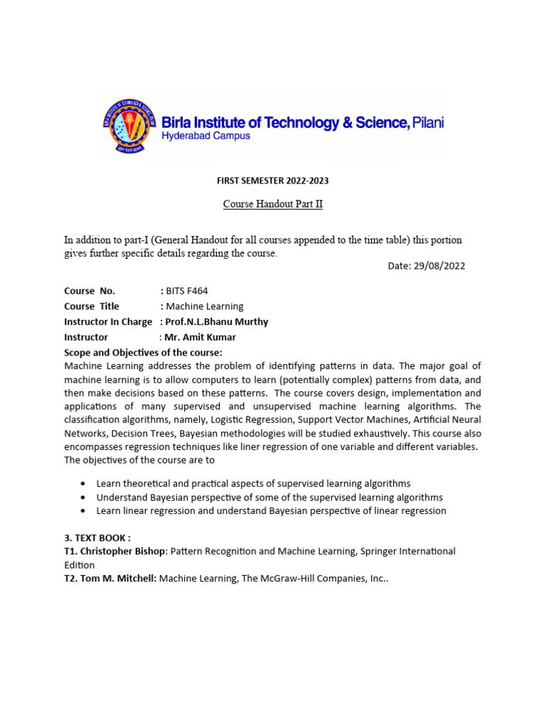 Bits F464 Machine Learning - Handout | PDF | Machine Learning | Applied Mathematics